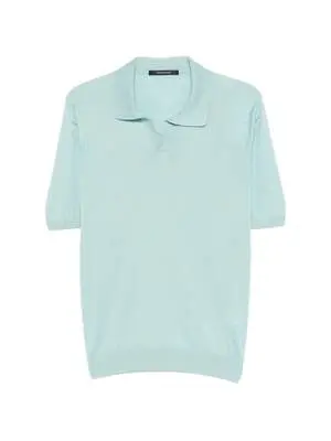 Tagliatore Polo-collar Silk Shirt With Slit Neckline, Short Sleeves & Ribbed Trim - Azzurro