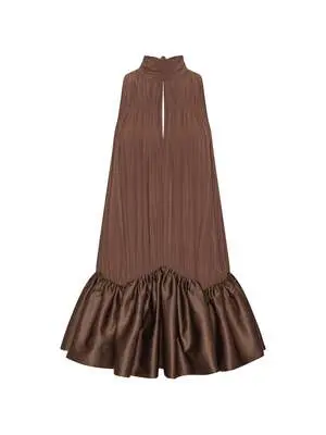 ROTATE BY BIRGER CHRISTENSEN Sleeveless High Neck Gathered Mini Dress With Ruffled Hem - Marrone