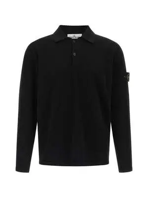 Stone Island Cotton Ribbed-collar Polo Shirt With Two-button Placket And Contrast Knit Band - Nero