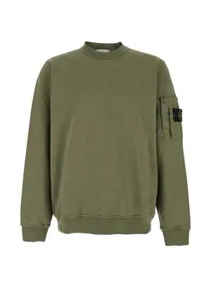 Stone Island 100% Cotton Ribbed Knit Sweatshirt With Elasticized Neckline, Sleeve Pocket - Verde