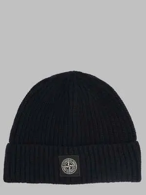Stone Island Ribbed Beanie With Logo Patch - Blue