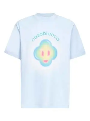 Casablanca Ribbed Crew Neck Short Sleeve Airbrush Smiley Logo T-shirt - Azzurro