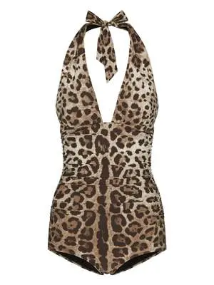 Dolce & Gabbana Leopard Print Ruched Halterneck Bikini Top - Marrone