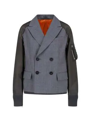 Sacai Double Breasted Zip-front Jacket With Notch Lapel - Grey
