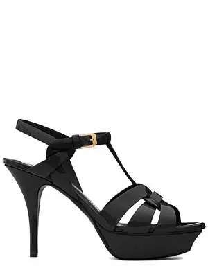 Saint Laurent Intertwining Strap Beveled Platform Sandals With Adjustable Ankle Strap, 10.5 Cm Covered Heel - Nero