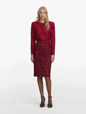 SELF-PORTRAIT Floral Guipure Lace Fitted Midi Skirt With Removable Belt - Rosso