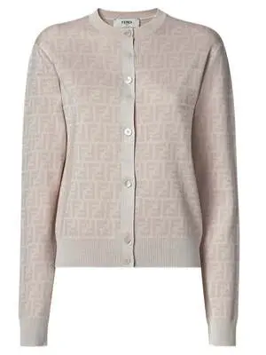 Fendi Long-sleeve Slim-fit Crew-neck Wool Cardigan With Jacquard Ff Motif And Mother-of-pearl Buttons - Rosa