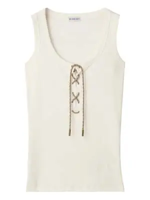 Burberry Ribbed Cotton-blend Tank Top With Equestrian Knight Hem Embroidery And Adjustable Check Drawstring - Bianco