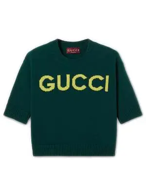 Gucci Intarsia Wool Crewneck Sweater With Short Sleeves And Rib Trim - Verde