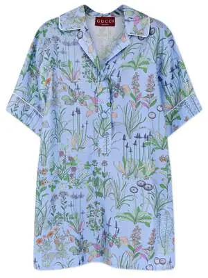 Gucci GUCCI Silk Bowling-Collar Short-Sleeve Top Azzurro