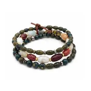 JAREDJAMIN Silvan Olive Wood & Oval Gemstone Stackable Bracelet Set - Green