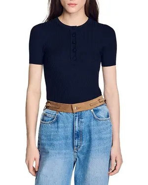 Sandro Ribbed Short Sleeve Sweater - Navy Blue
