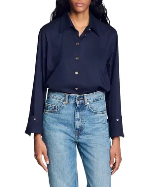 Sandro Wide Cuff Button Front Shirt - Navy Blue