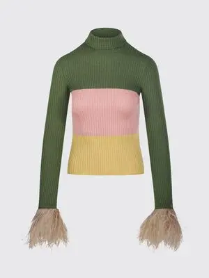 La DoubleJ Turtleneck Knit Top With Feather Cuffs - Multicolor