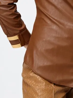 Elisabetta Franchi Slim-fit Faux Leather Shirt With Logo Detail Cuffs - Brown