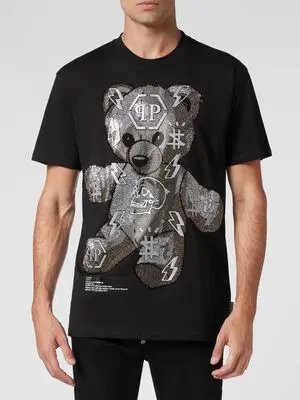 Philipp Plein Cotton T-shirt With Teddy Bear Print, Monogram And Rhinestones