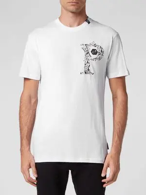 Philipp Plein Slim Fit Cotton T-shirt With Monogram Print And Hexagon Logo - White