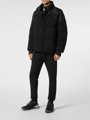 PLEIN SPORT Short Quilted Puffer Jacket In Nylon With High Neck And Hexagon Logo