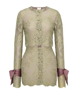 Saint Laurent Mini Dress With Bow Tie And Lace Cuffs - Nude