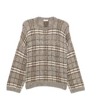 Brunello Cucinelli Sequin-embellished Checked Sweater - Nude