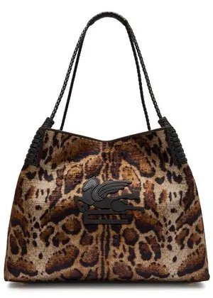 Etro Large Leopard Print Velvet Tote - Khaki
