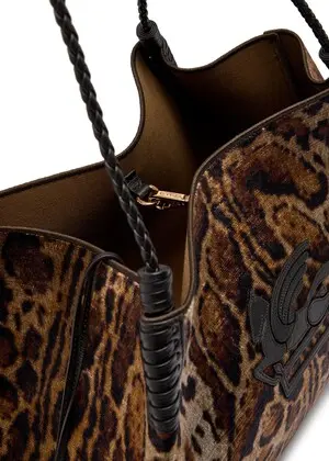 Etro Large Leopard Print Velvet Tote - Khaki