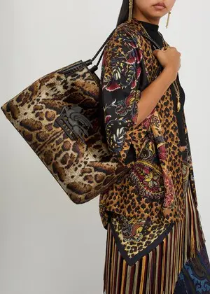 Etro Large Leopard Print Velvet Tote - Khaki