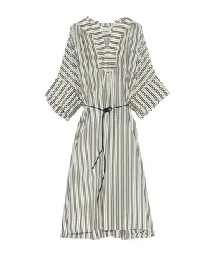 YVES SALOMON Striped V-neck Midi Dress With Lambskin Belt