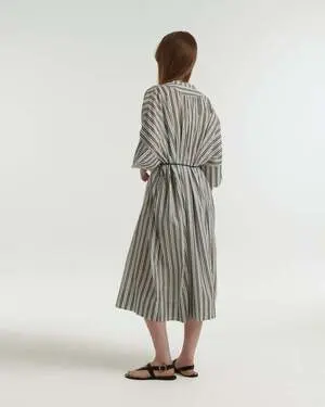 YVES SALOMON Striped V-neck Midi Dress With Lambskin Belt