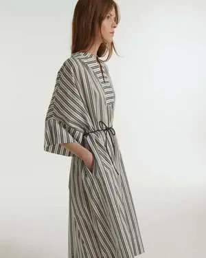 YVES SALOMON Striped V-neck Midi Dress With Lambskin Belt