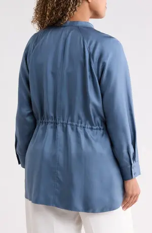 Eileen Fisher Silk Mandarin Collar Shirt With Drawstring Waist - Coldspring