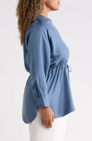 Eileen Fisher Silk Mandarin Collar Shirt With Drawstring Waist - Coldspring