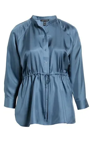Eileen Fisher Silk Mandarin Collar Shirt With Drawstring Waist - Coldspring