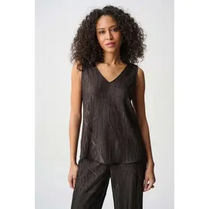 Joseph Ribkoff Pleated Satin Flared V-neck Top - Mocha