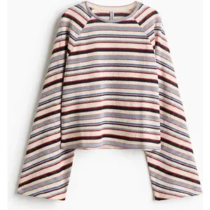 H&m Long-sleeved Knit Top - Light Beige/striped