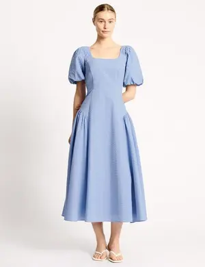 ALBARAY Seersucker Square Neck Tiered Midi Dress - Blue