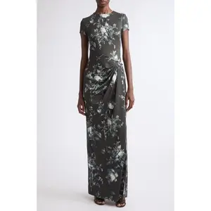 Oscar De La Renta Floral Print Draped Jersey Maxi Dress - White/carbon