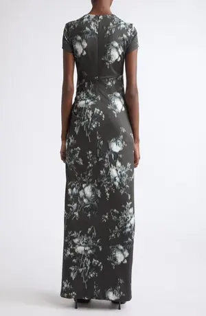 Oscar De La Renta Floral Print Draped Jersey Maxi Dress