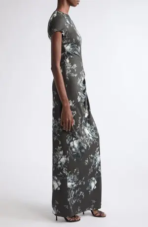 Oscar De La Renta Floral Print Draped Jersey Maxi Dress
