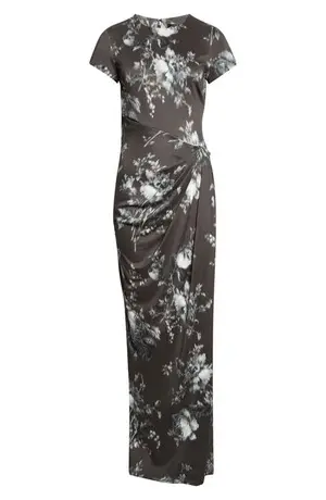 Oscar De La Renta Floral Print Draped Jersey Maxi Dress