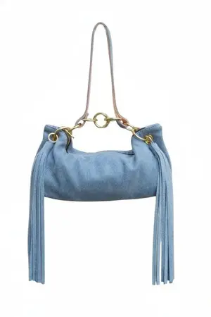 BEALICE Leather Shoulder Bag With Brass Hardware And Tassels - Blue Denim