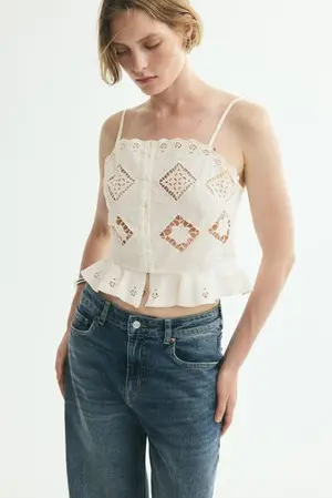 H&m Cropped Top With Eyelet Embroidery