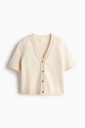 H&M Short-sleeved Knit Cardigan With V-neck And Metal Buttons - Light Beige
