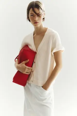 H&M Short-sleeved Knit Cardigan With V-neck And Metal Buttons - Light Beige