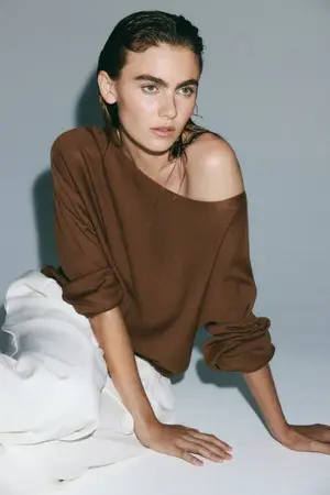 H&M Off-the-shoulder Fine Knit Sweater - Brown