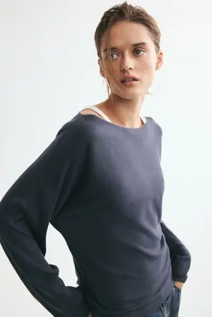 H&M Off-the-shoulder Fine Knit Sweater - Dark Gray