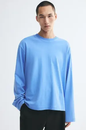 H&M Relaxed-fit Long-sleeved Interlock Cotton T-shirt - Blue