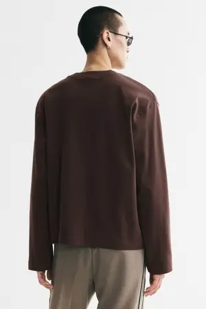 H&m Relaxed-fit Long-sleeved Interlock Cotton T-shirt - Dark Brown