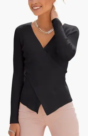 LASCANA Ribbed Knit Overlapping V-neck Sweater - Black