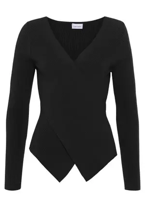 LASCANA Ribbed Knit Overlapping V-neck Sweater - Black